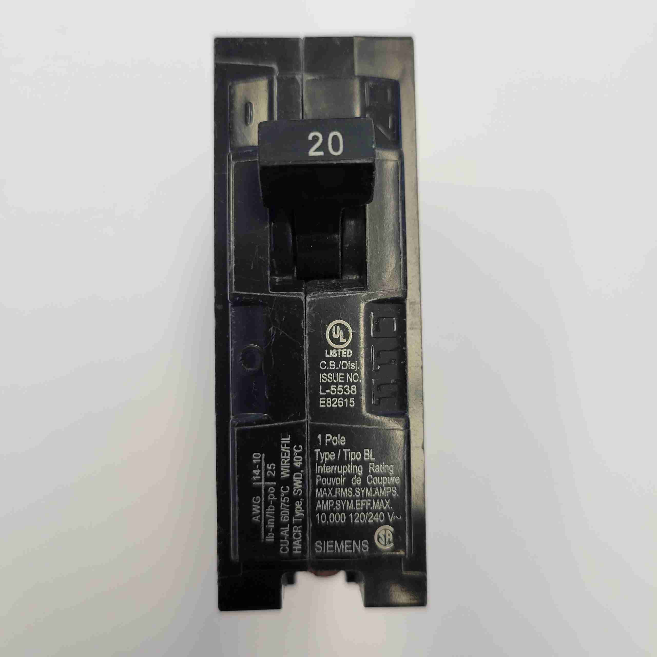 B120– SIEMENS (BL) 1P 20A 120V BOLT ON 10kA BREAKER - Alberta Breaker & Supply Co Ltd