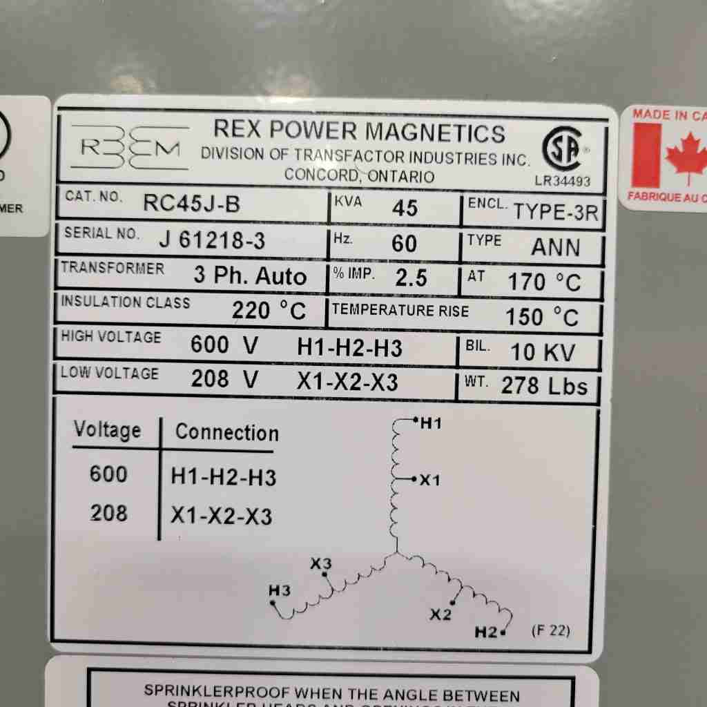 RC45J-B REX 45KVA 600-208V AUTO TRANSFORMER - Alberta Breaker & Supply ...